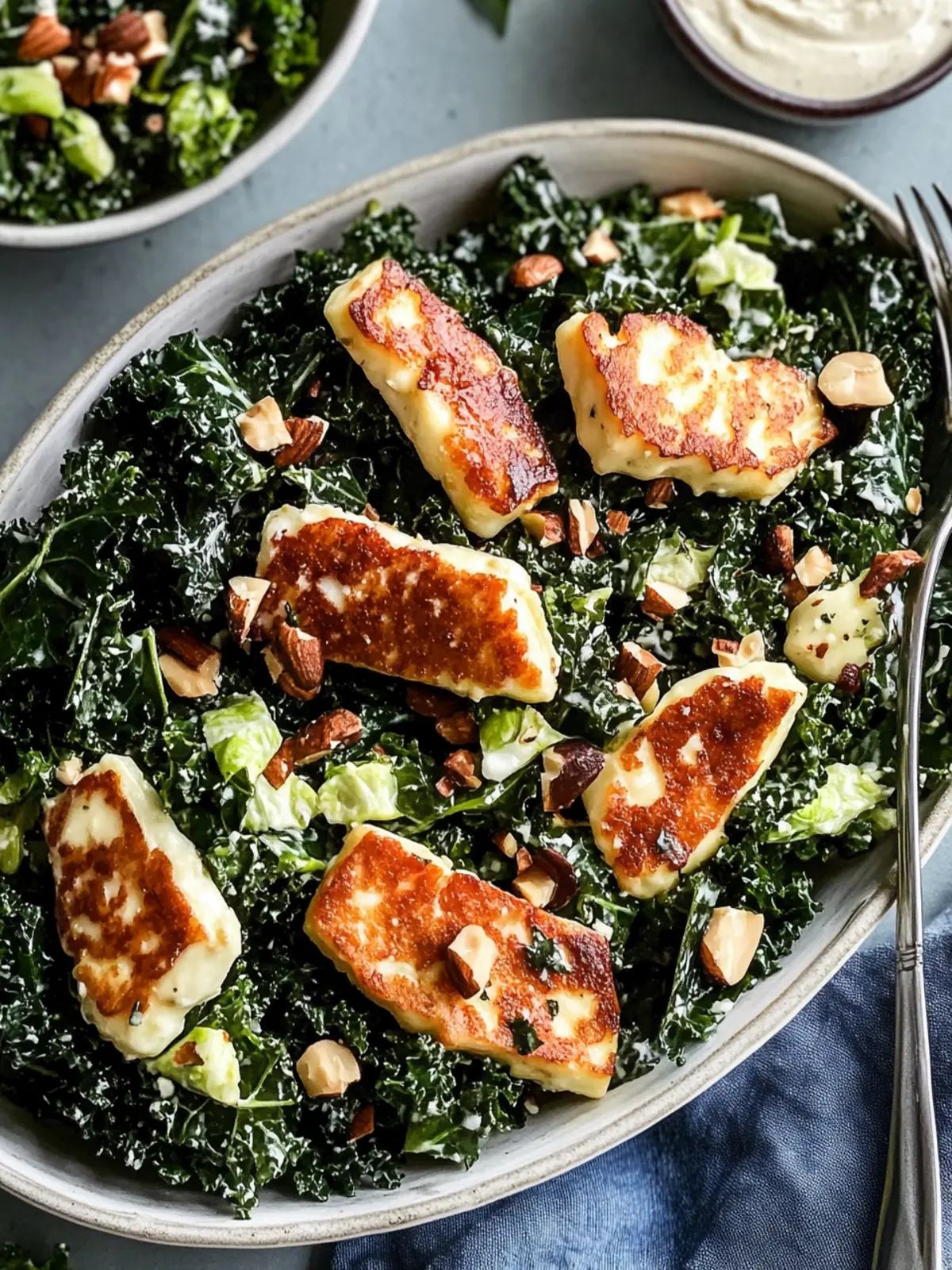 Irresistible Crispy Halloumi Kale Salad with Garlic Tahini