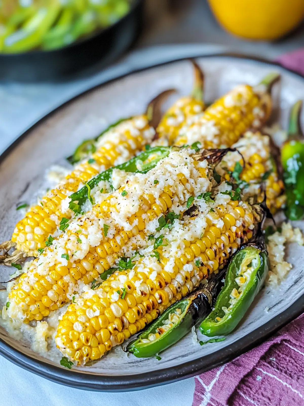 Irresistible Creamy Parmesan Lime Corn with Shishito Peppers