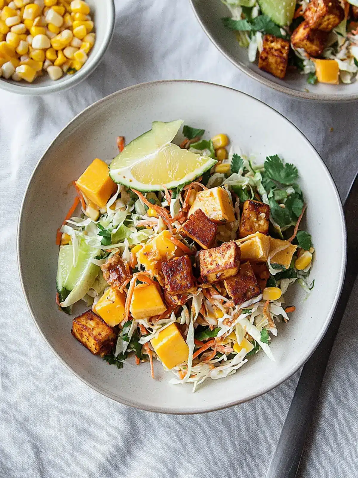 Irresistible Mango and Corn Slaw with Crunchy Peanut Tofu